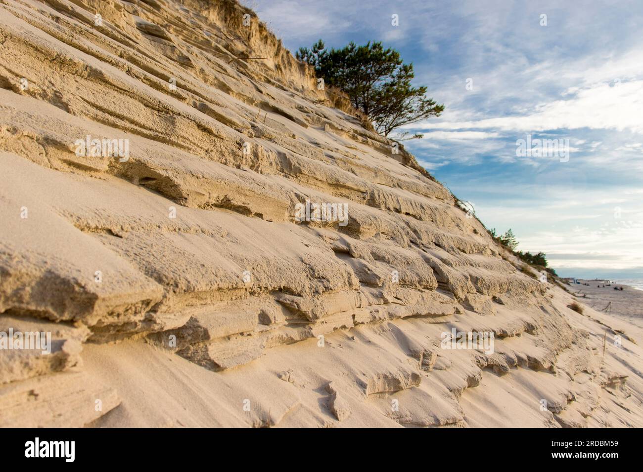 The slope of a dune with visible layers of compacted sand. Side shot of ...