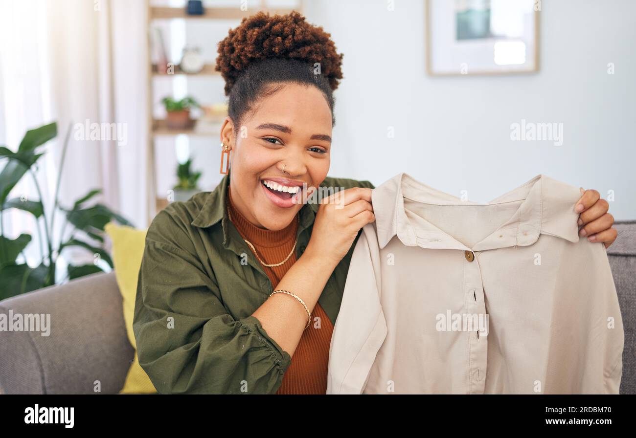 Fashion, influencer and a black woman streamer unboxing a clothes ...