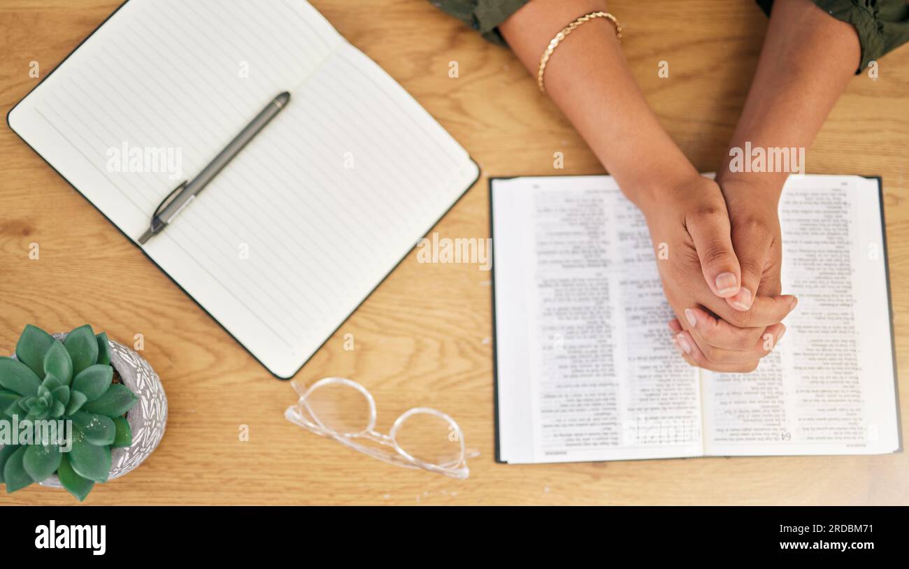 Woman hands, bible and prayer in top view of spiritual faith, holy ...