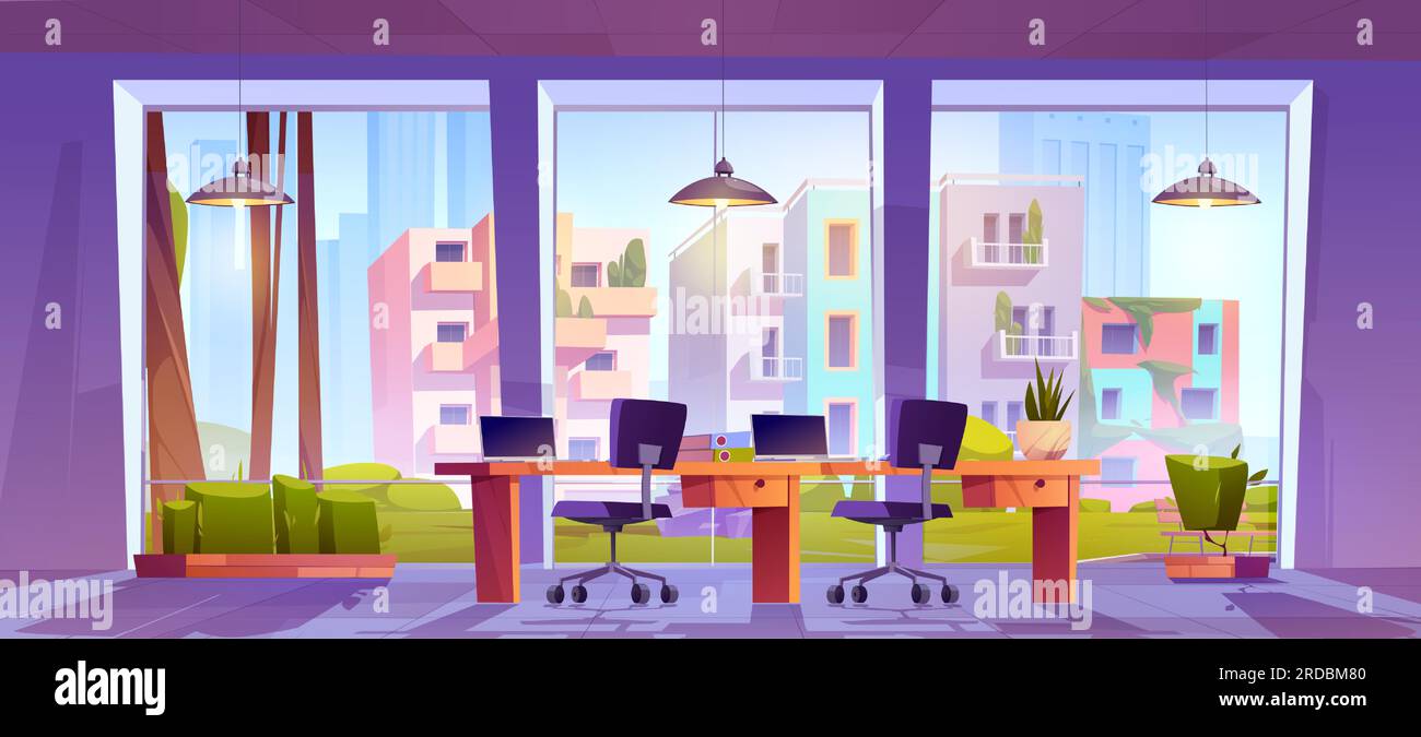 Company office interior with large windows and furniture. Vector ...