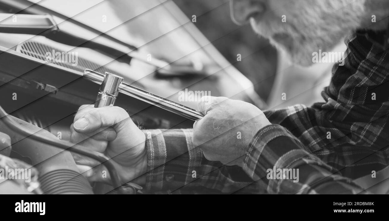 Car mechanic repairing a car engine, geometric pattern Stock Photo - Alamy
