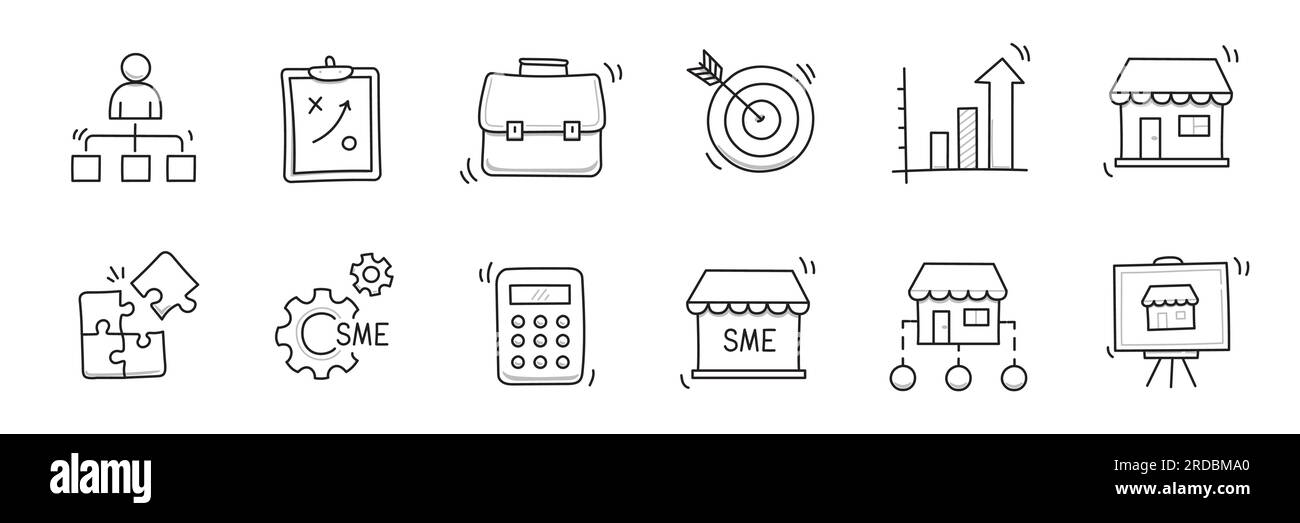Business sme doodle icon set. Small, medium enterprise business hand ...