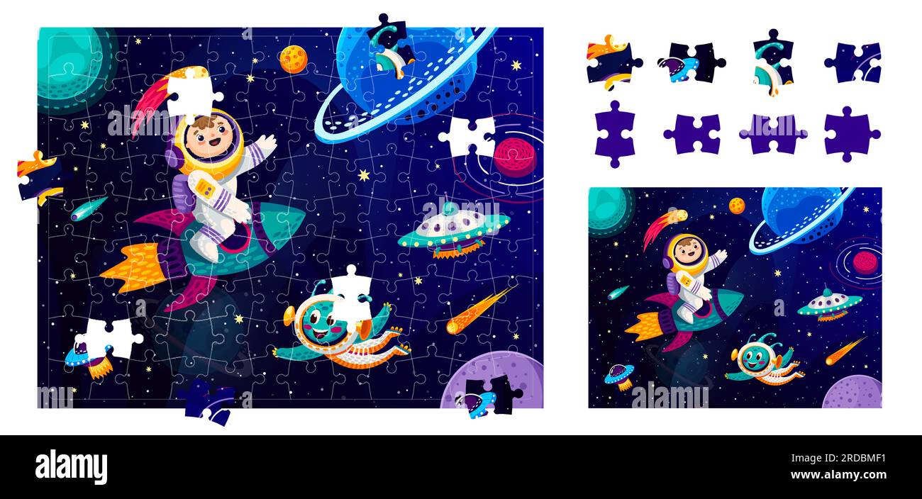 Cartoon alien, astronaut and space planets in jigsaw puzzle game ...