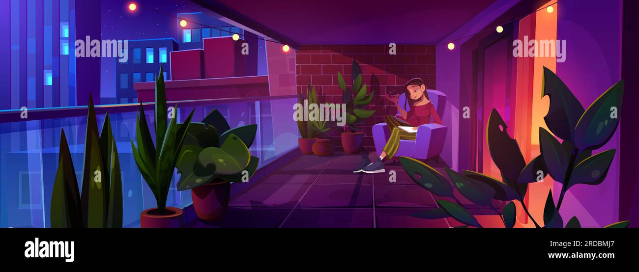 Inspired young woman writing diary on balcony at night. Vector cartoon ...
