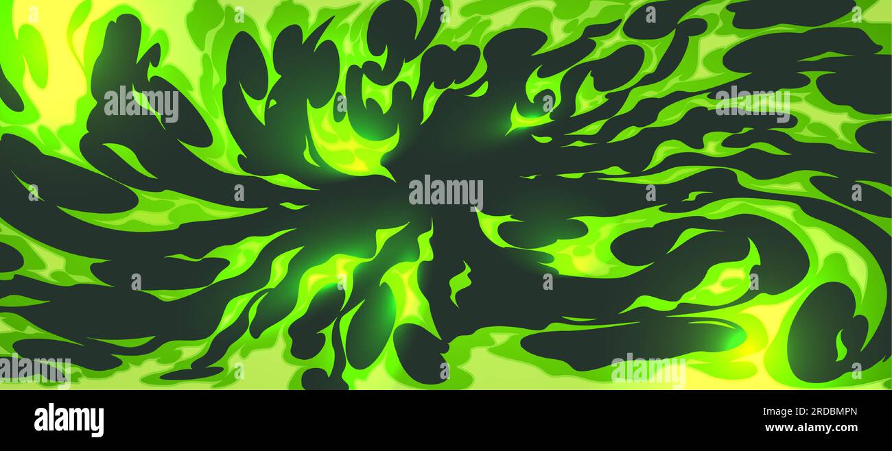 Abstract neon green liquid splash on black background. Vector cartoon ...