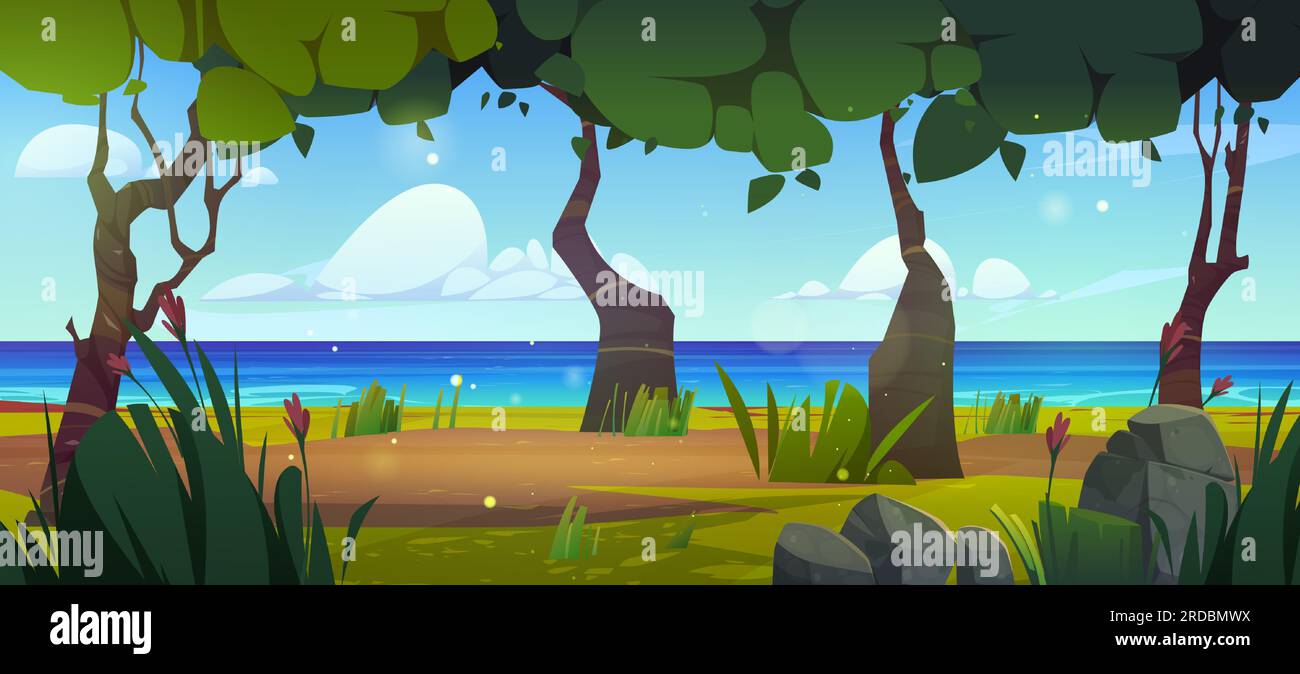 Cartoon river in forest summer vector landscape. Lake shore with calm ...