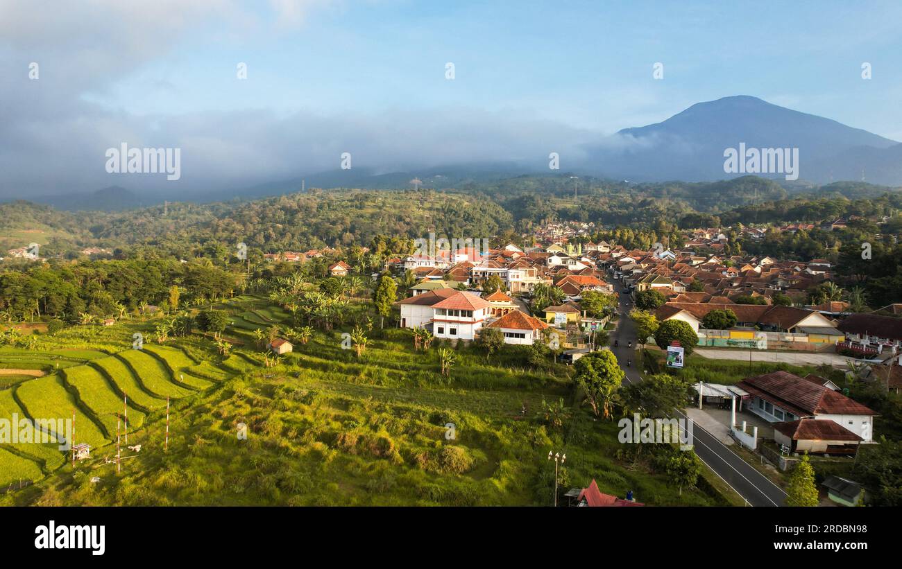 Aerial view of Enjoy the morning with the expanse of rice fields and ...