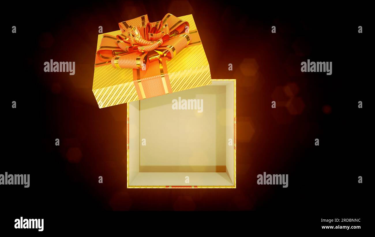 shining opened golden and red surprise gift box on dark backdrop ...