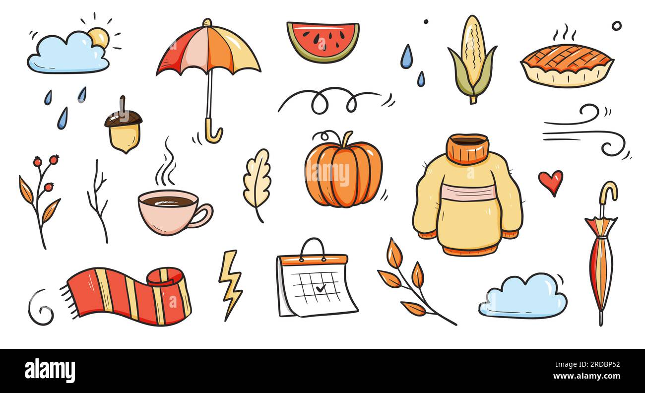 Autumn doodle vector set. Hand drawn doodle sketch style nature fall ...