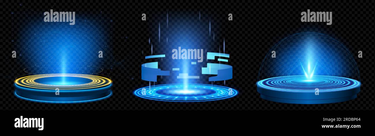 Blue hologram tech game portal with light effect set. Digital ...