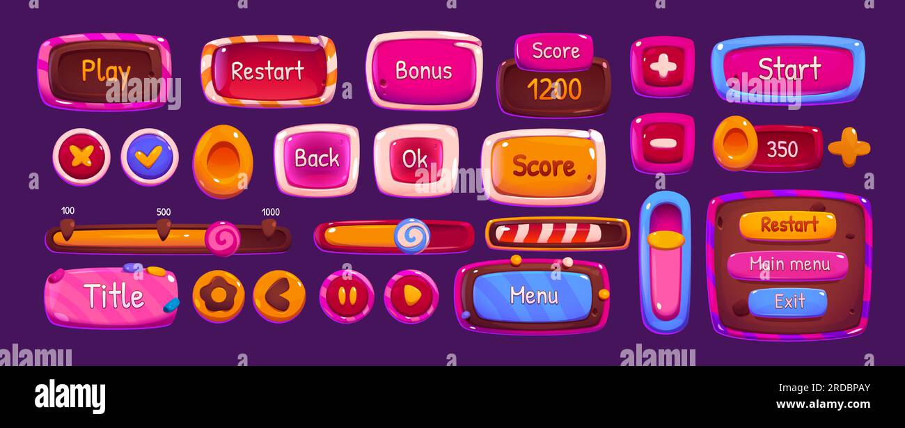 Candy ui game app interface and button frame glossy icon set. Pink ...