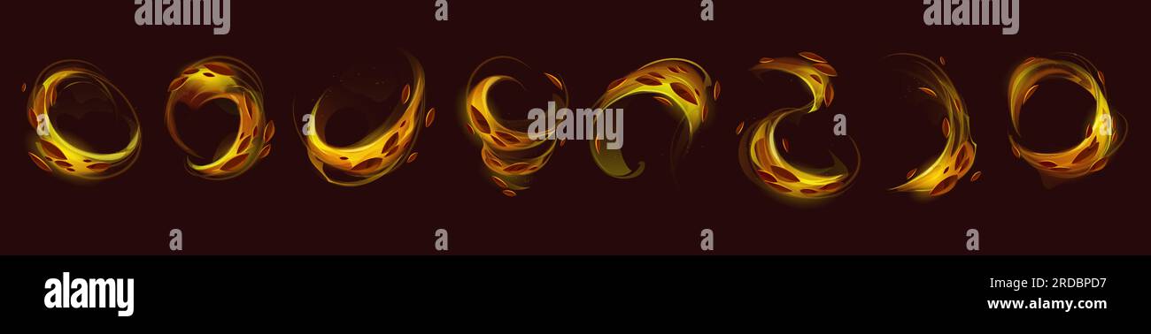 Cartoon set of abstract wind swirls with yellow leaves and sparkles on ...