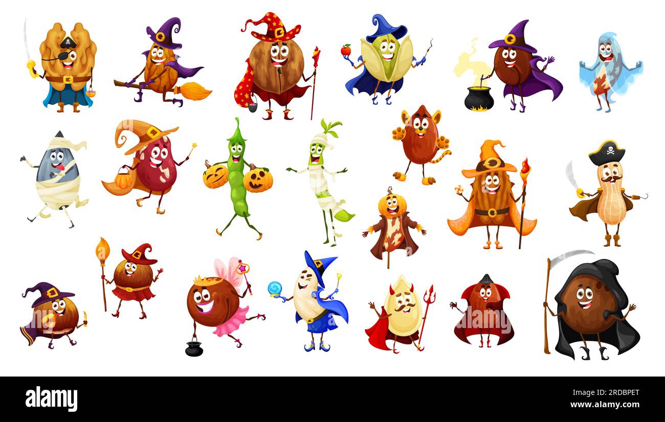Cartoon Halloween nuts and beans characters as witch wizard and monster ...