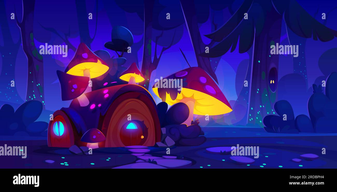 Night fairytale house in forest cartoon background. Neon light in hut ...