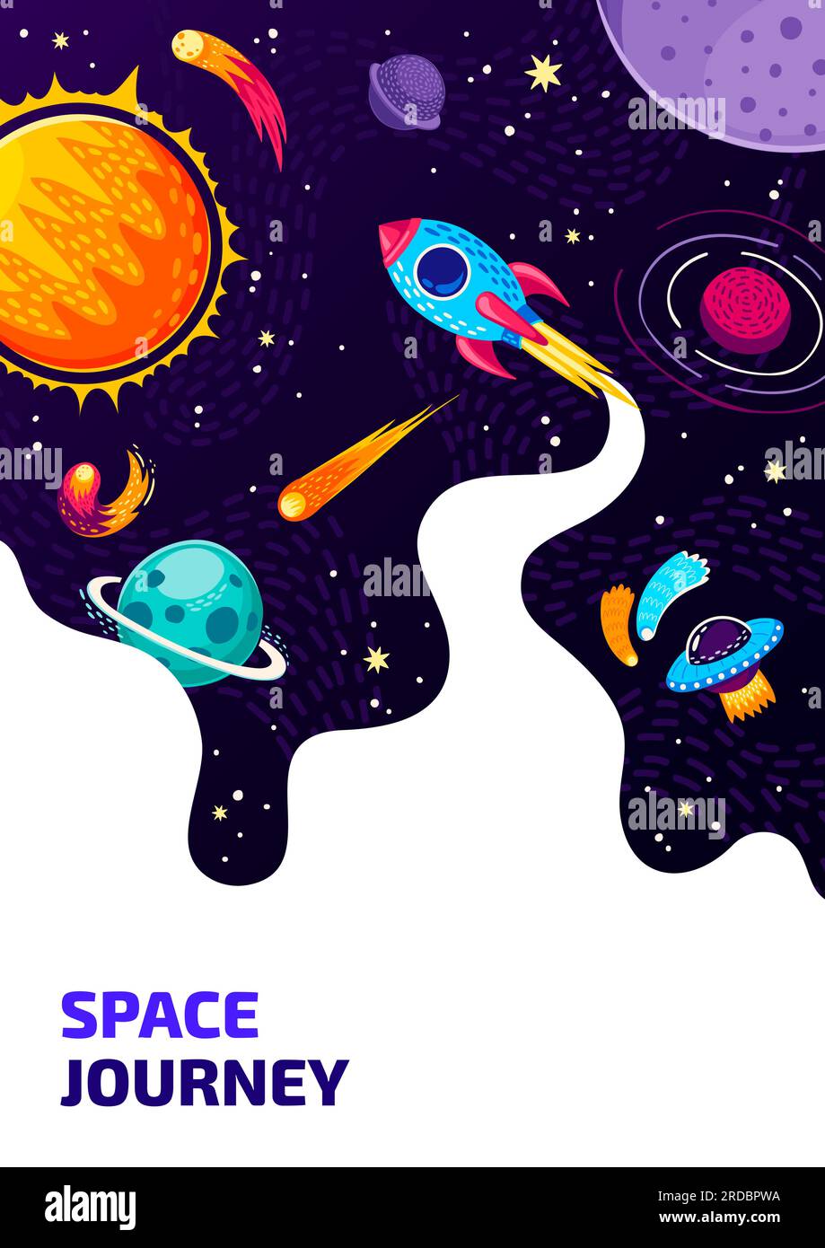 Space flyer. Cartoon spaceship, UFO and space stars, galaxy planets ...