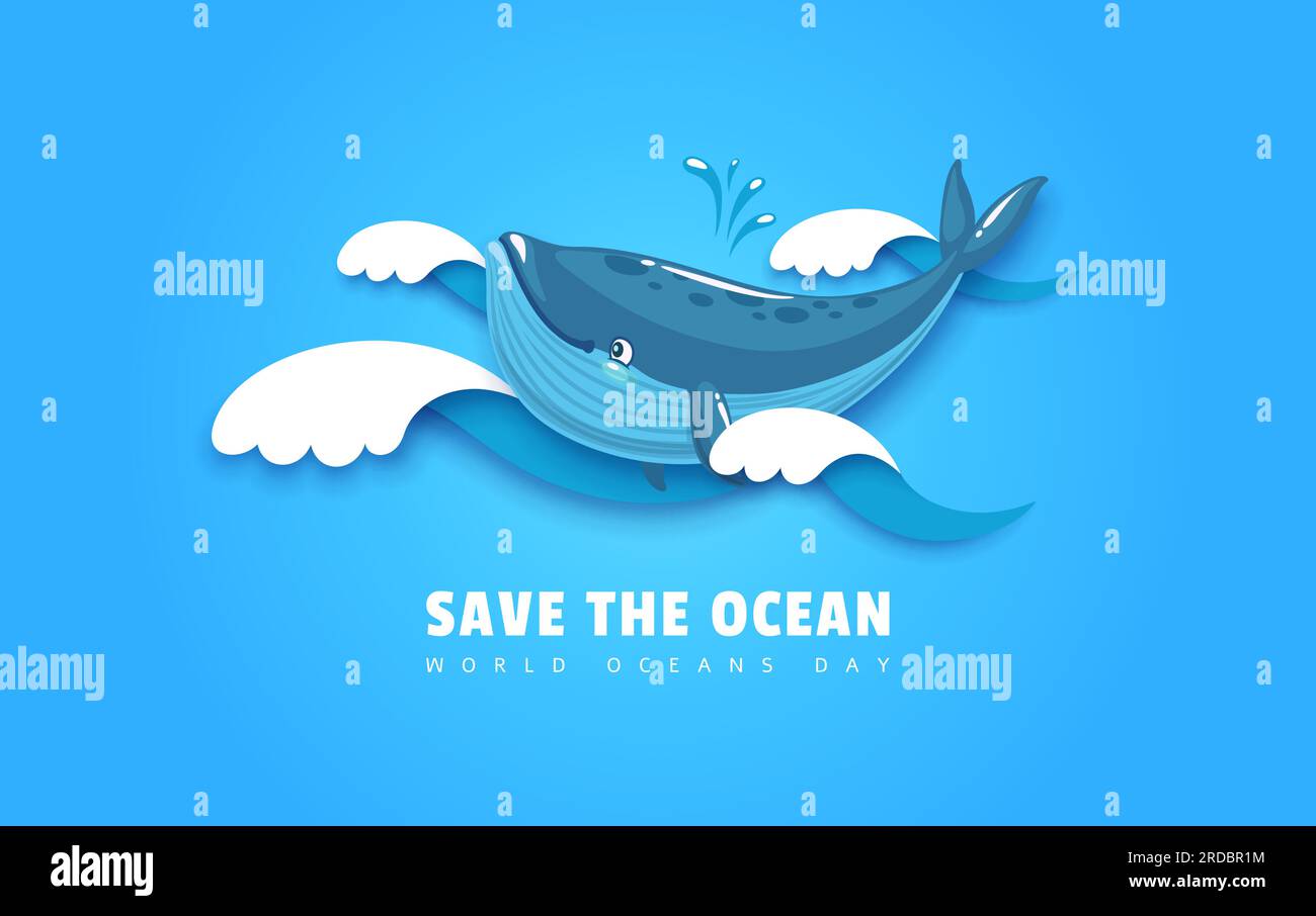World oceans day, cartoon funny blue whale on paper cut sea waves ...