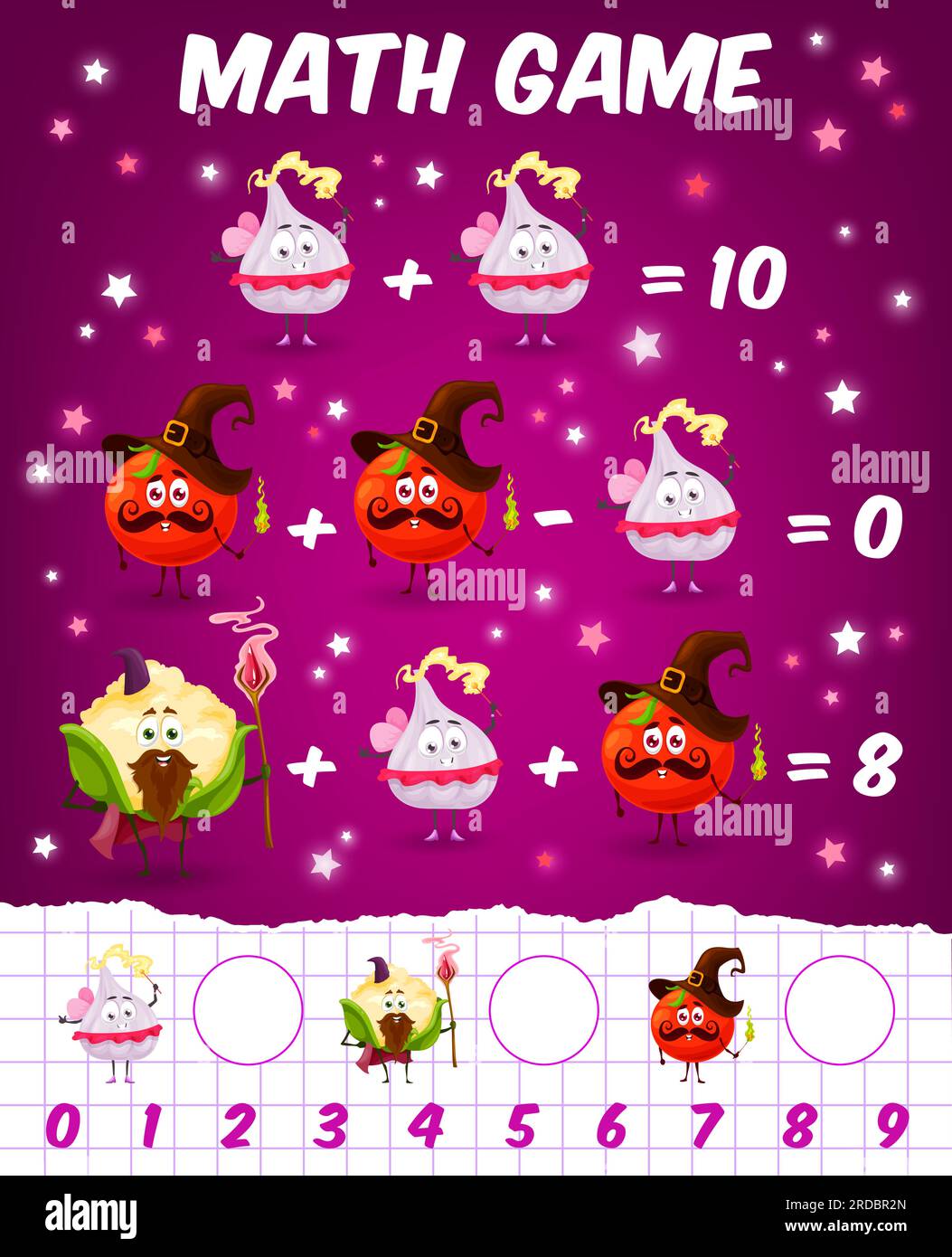 Math game worksheet cartoon tomato, garlic and cauliflower wizards ...