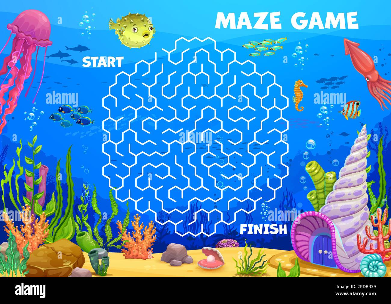 Labyrinth maze help to fish find a shell house. Kids vector board game ...