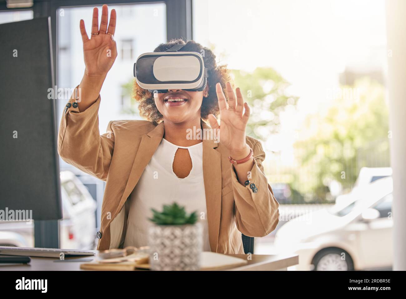 VR, office and business woman with futuristic software, digital vision ...