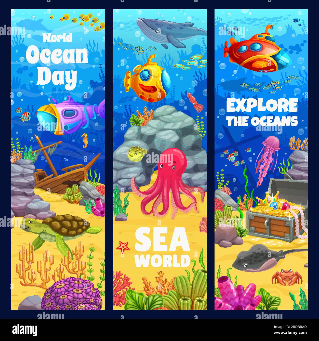 Ocean day and sea world, cartoon underwater landscape vector banners of ...