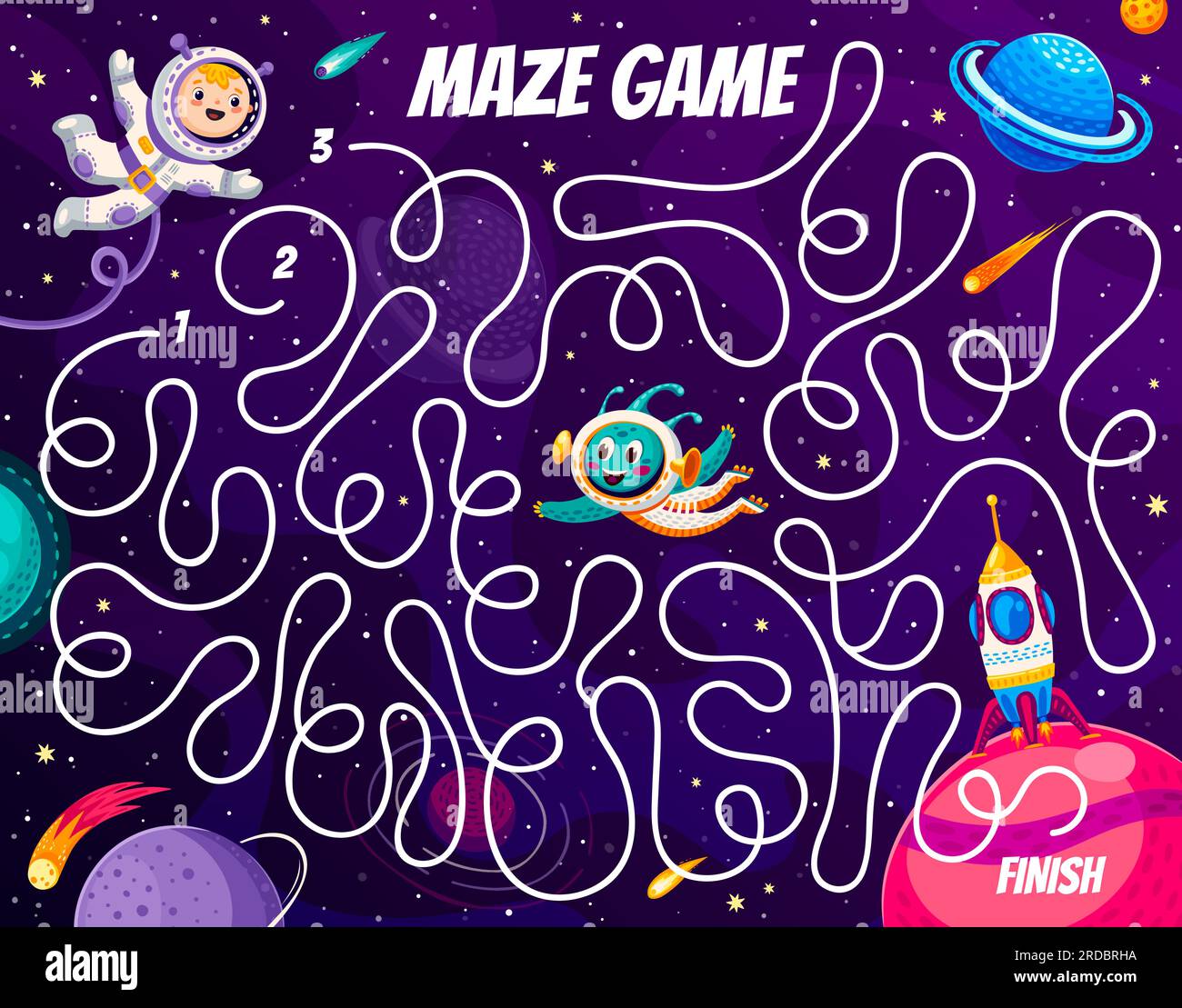 Labyrinth maze, help to kid astronaut to find a spaceship at starry ...