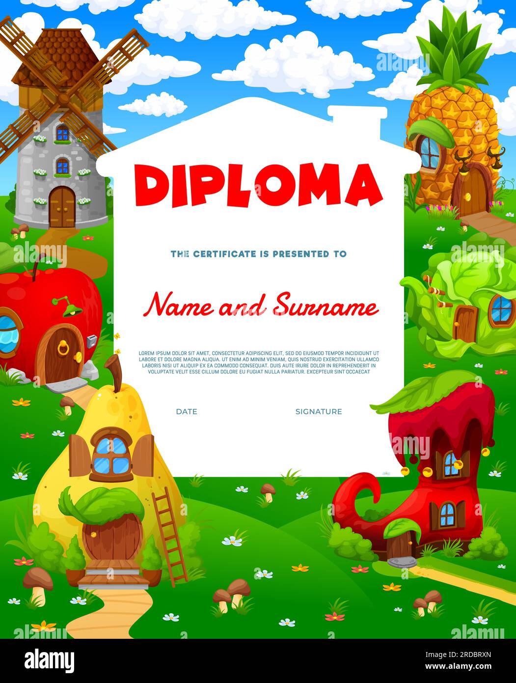 Kids diploma with cartoon fairytale houses village, vector certificate ...