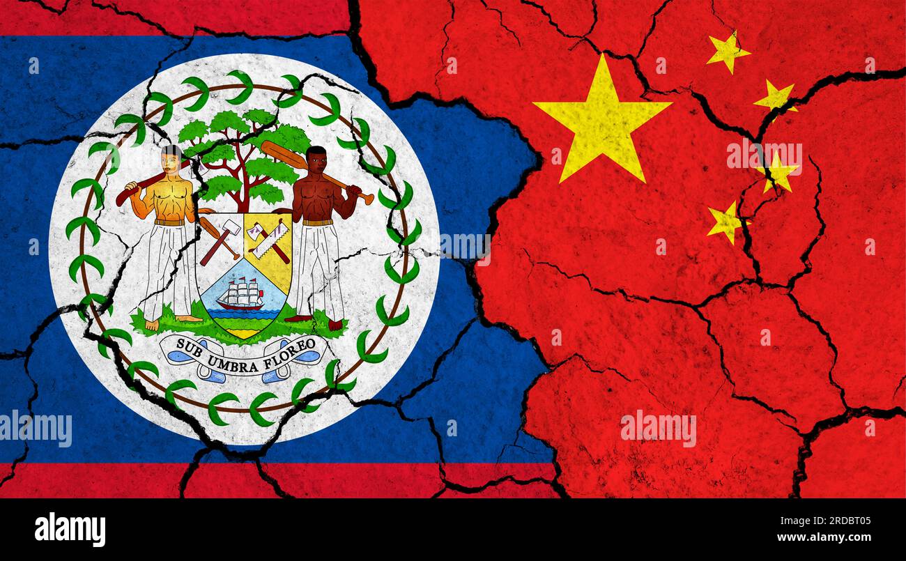 Flags of Belize and China on cracked surface - politics, relationship ...