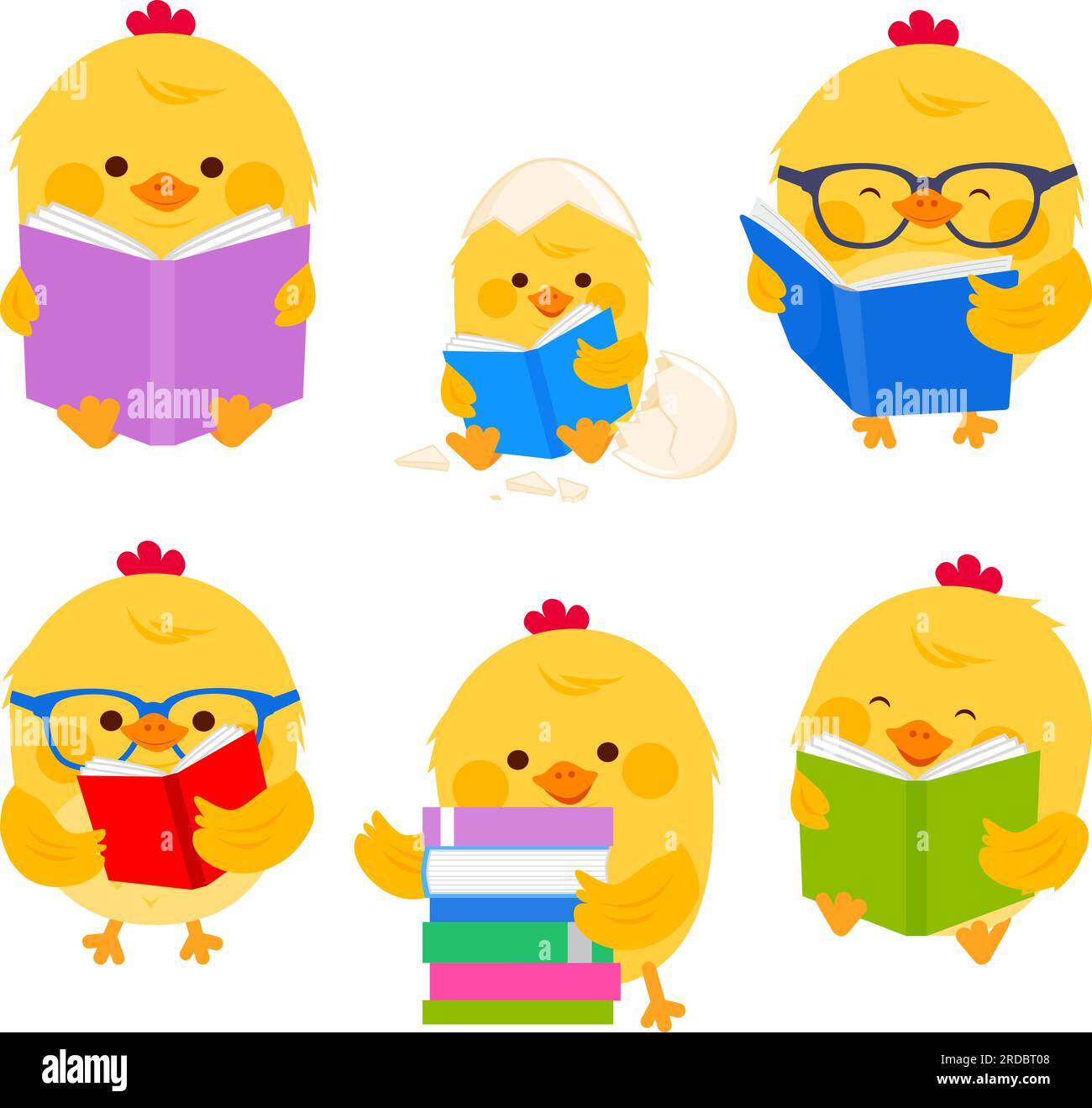 Little chicken students carrying stacks of books and reading. Vector ...