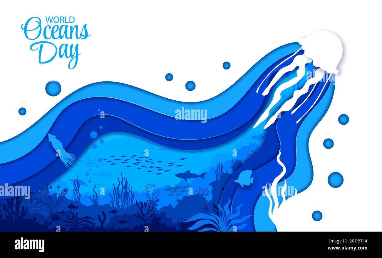 Landing page, jellyfish and sea underwater paper cut landscape, vector ...