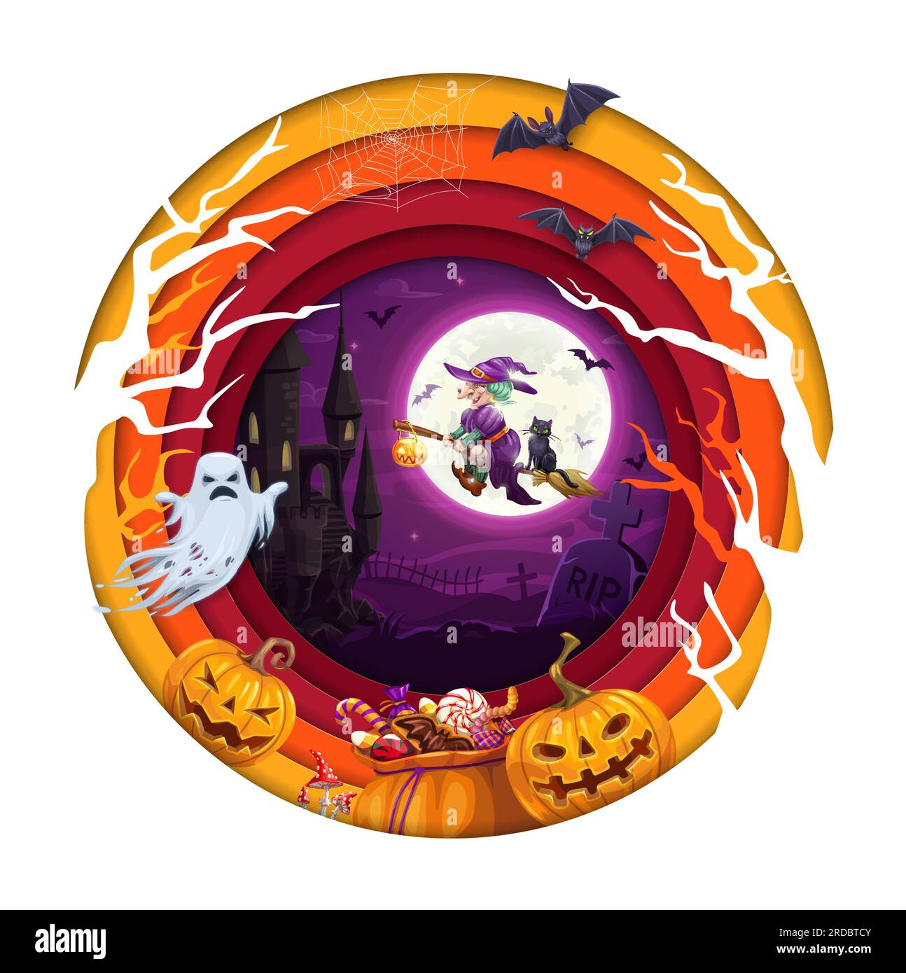 Halloween paper cut banner with midnight castle, flying witch, ghosts ...