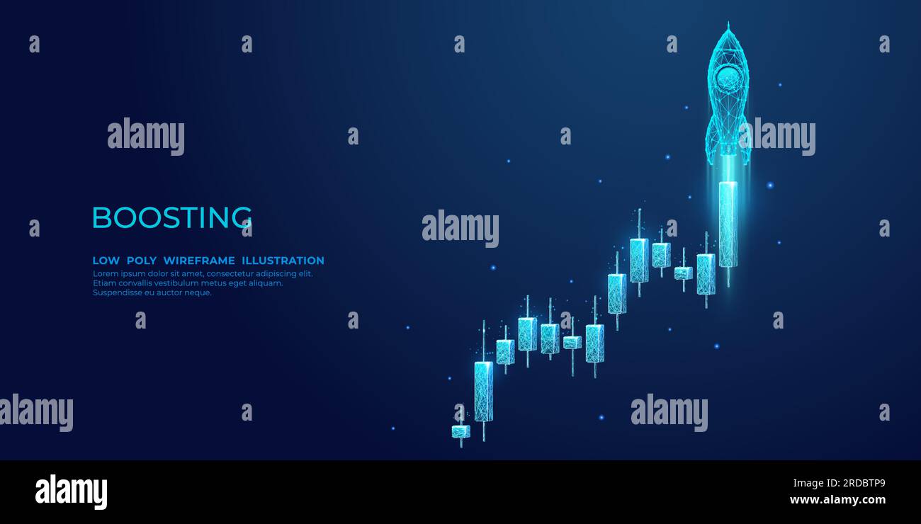 Digital rocket launch from the stock market candlestick in outer space ...
