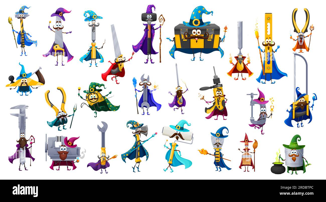 Cartoon tools wizard and warlock characters. Vector wallpaper roll, axe ...