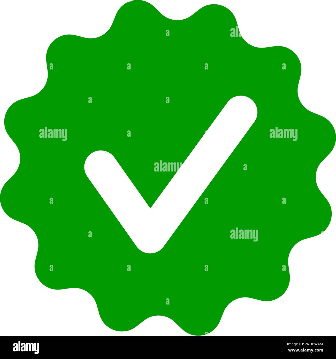 Check tick mark on wavy edge green circle sticker. Star burst shape tag with approved icon ...