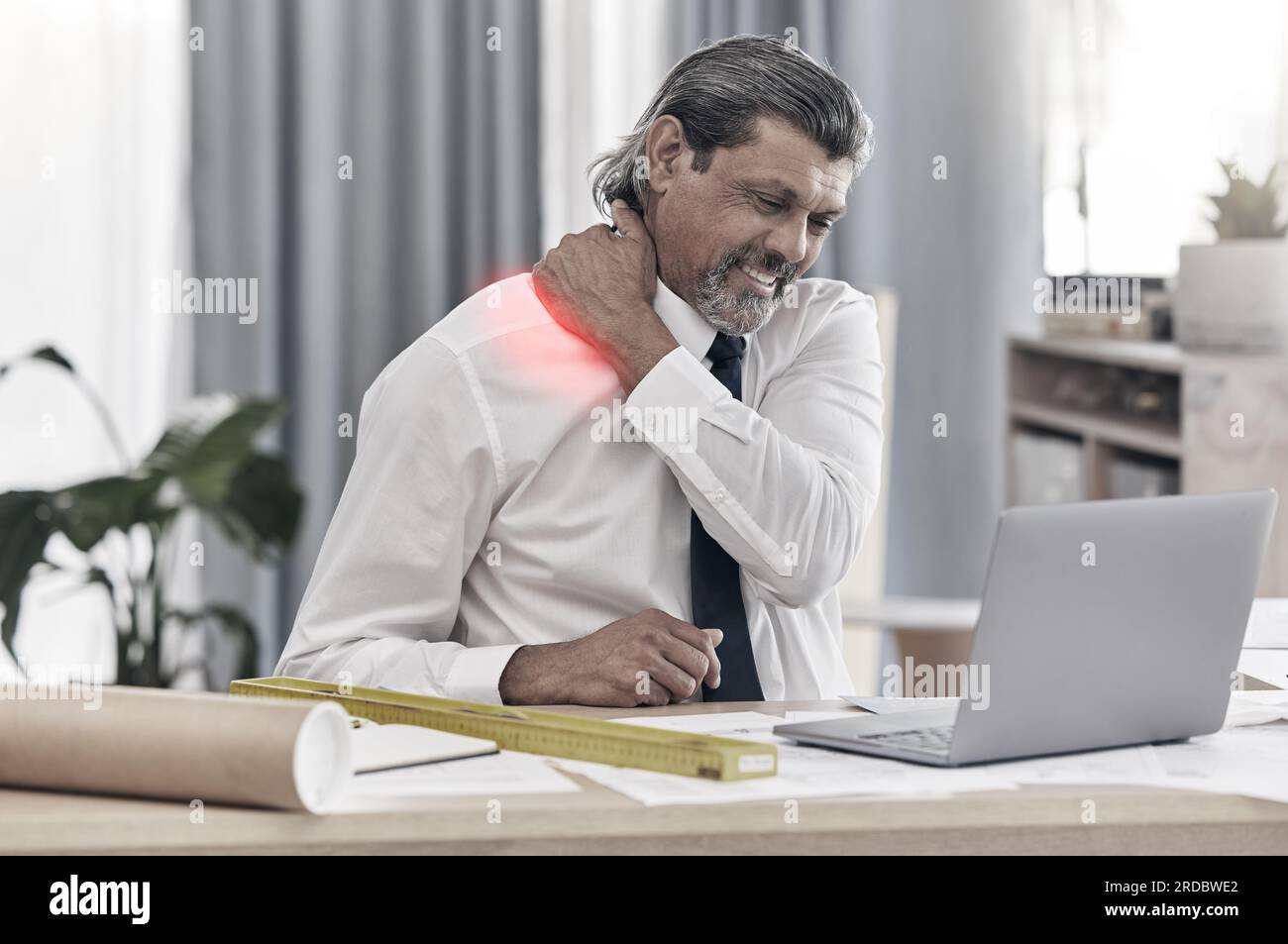 Architect, injury and man with neck pain, stress and accident with ...