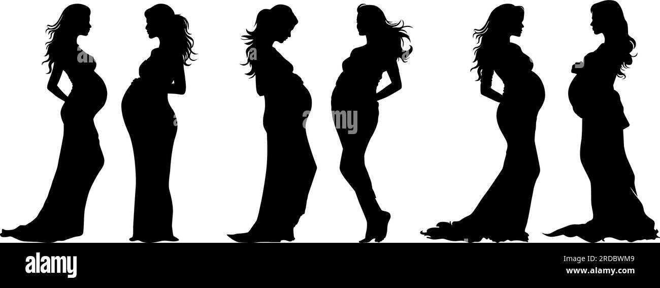 Set of black silhouettes of different pregnant women side view. Outline ...