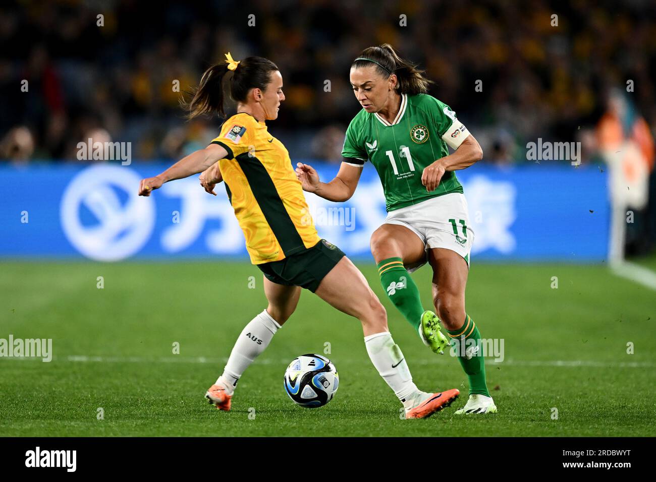 Sydney, Australia. 20th July, 2023. Katie McCabe of Ireland is tackled ...