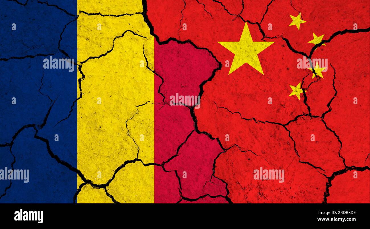 Flags of Chad and China on cracked surface - politics, relationship ...