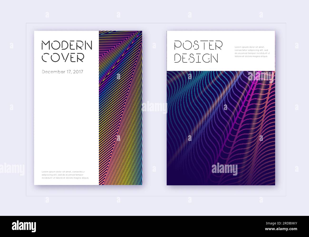 Minimal cover design template set. Rainbow abstract lines on dark blue ...