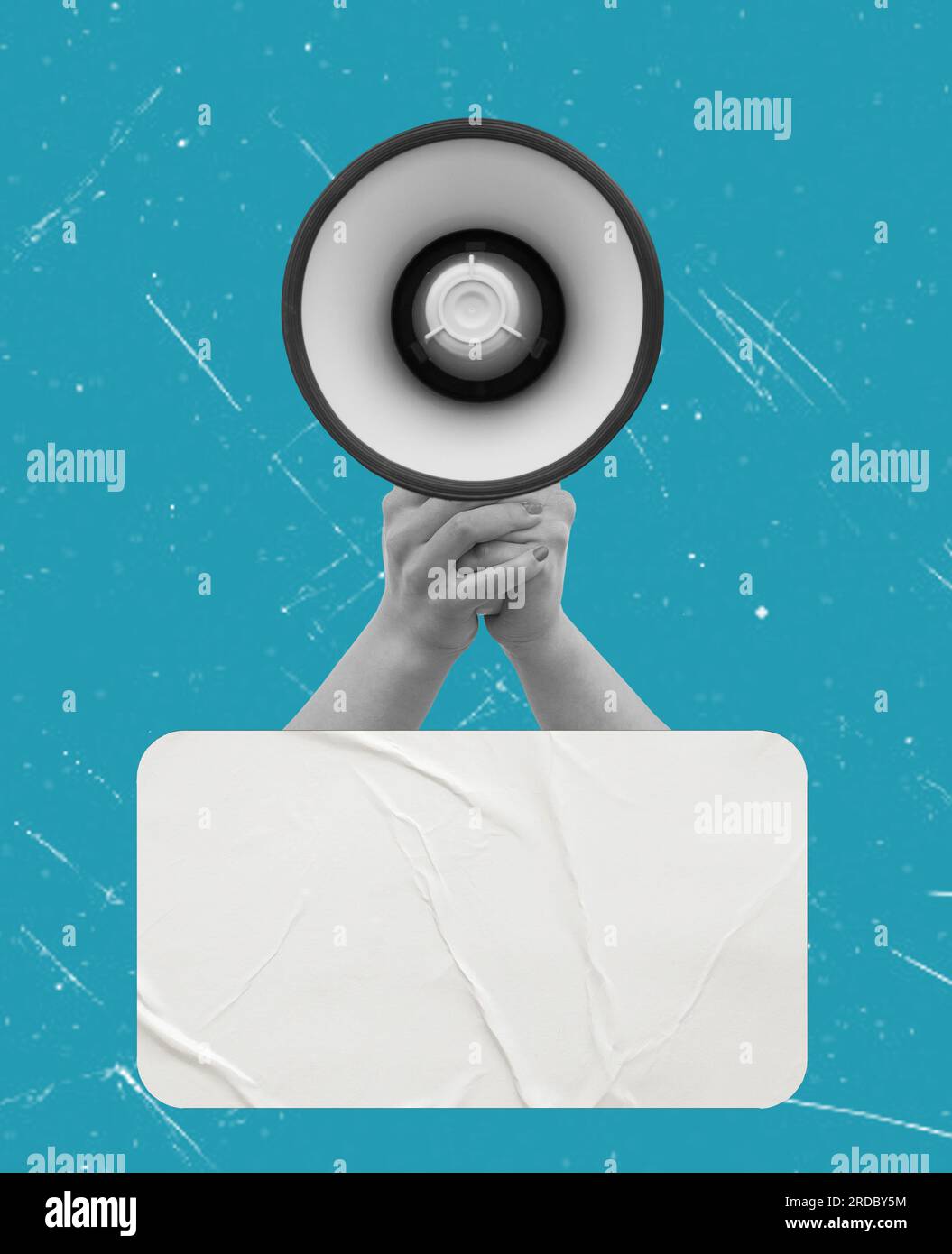 Art collage image of a hand with megaphone black and white with copy ...