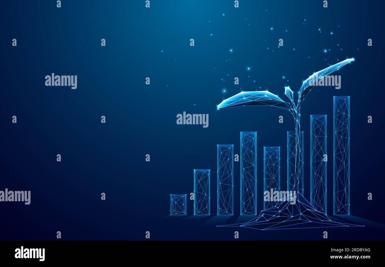 Digital graph chart and growing plant on technology blue background ...