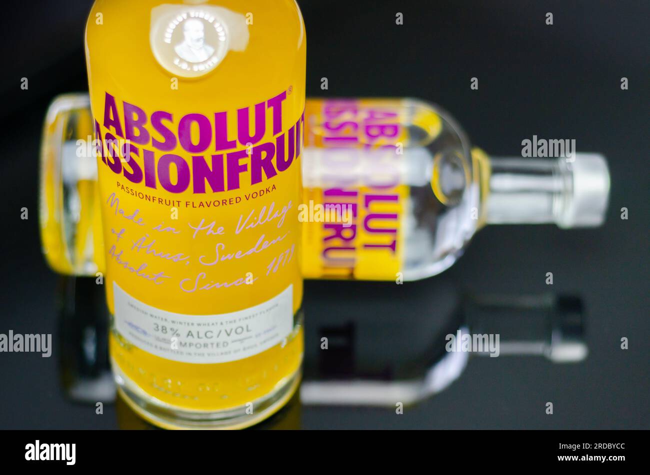 LONDON, UK - 11 JULY 2023 Absolut Passionfruit, the bottle design is ...