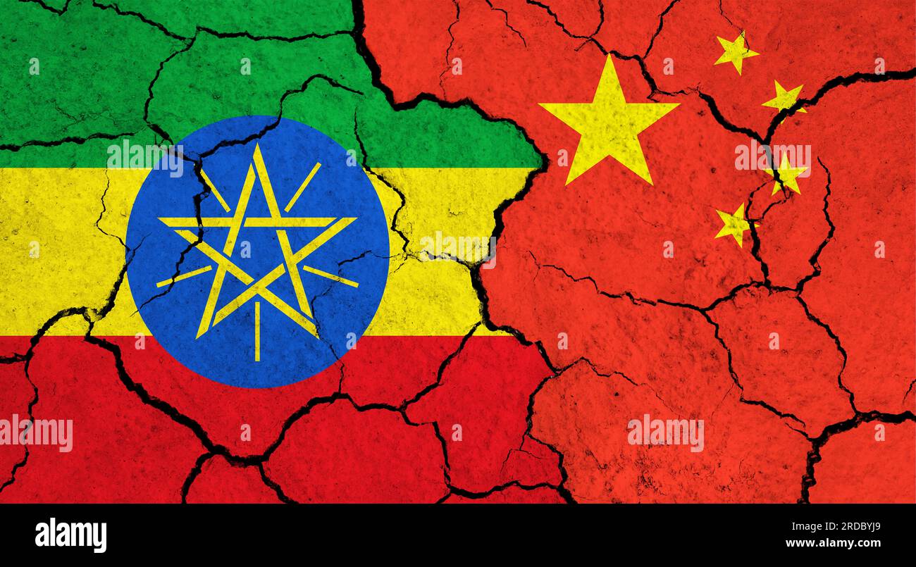 Flags of Ethiopia and China on cracked surface - politics, relationship ...