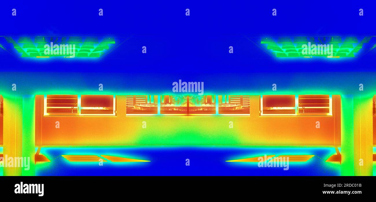 Thermal camera view of modern empty office interior with large windows ...