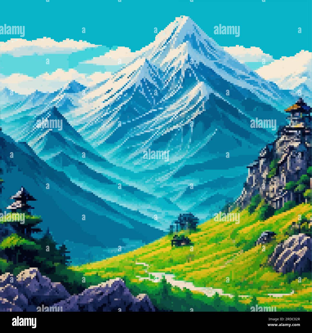 Landscape 8bit pixel art. Summer natural landscape mountain scenery ...