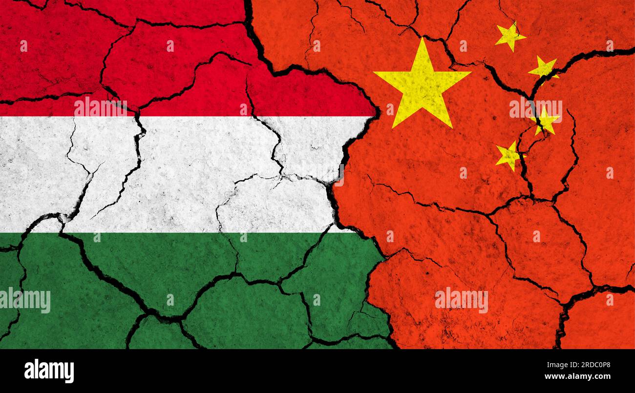 Flags of Hungary and China on cracked surface - politics, relationship ...