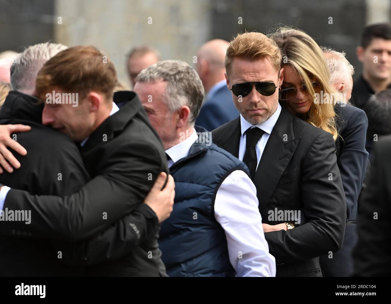 Ronan Keating and wife Storm (right) outside St Patrick's Church in Louisburgh, Co Mayo, after ...