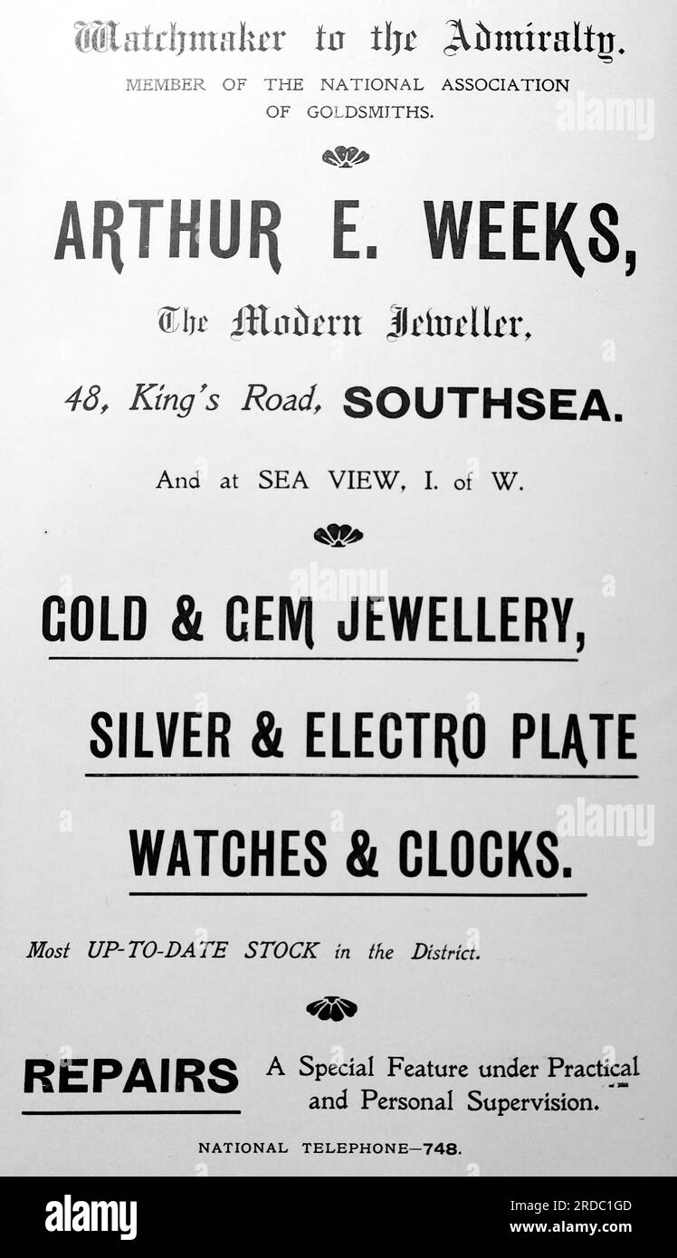 Advertisement for Arthur E. Weeks of 48, Kings Road, Southsea. Modern ...