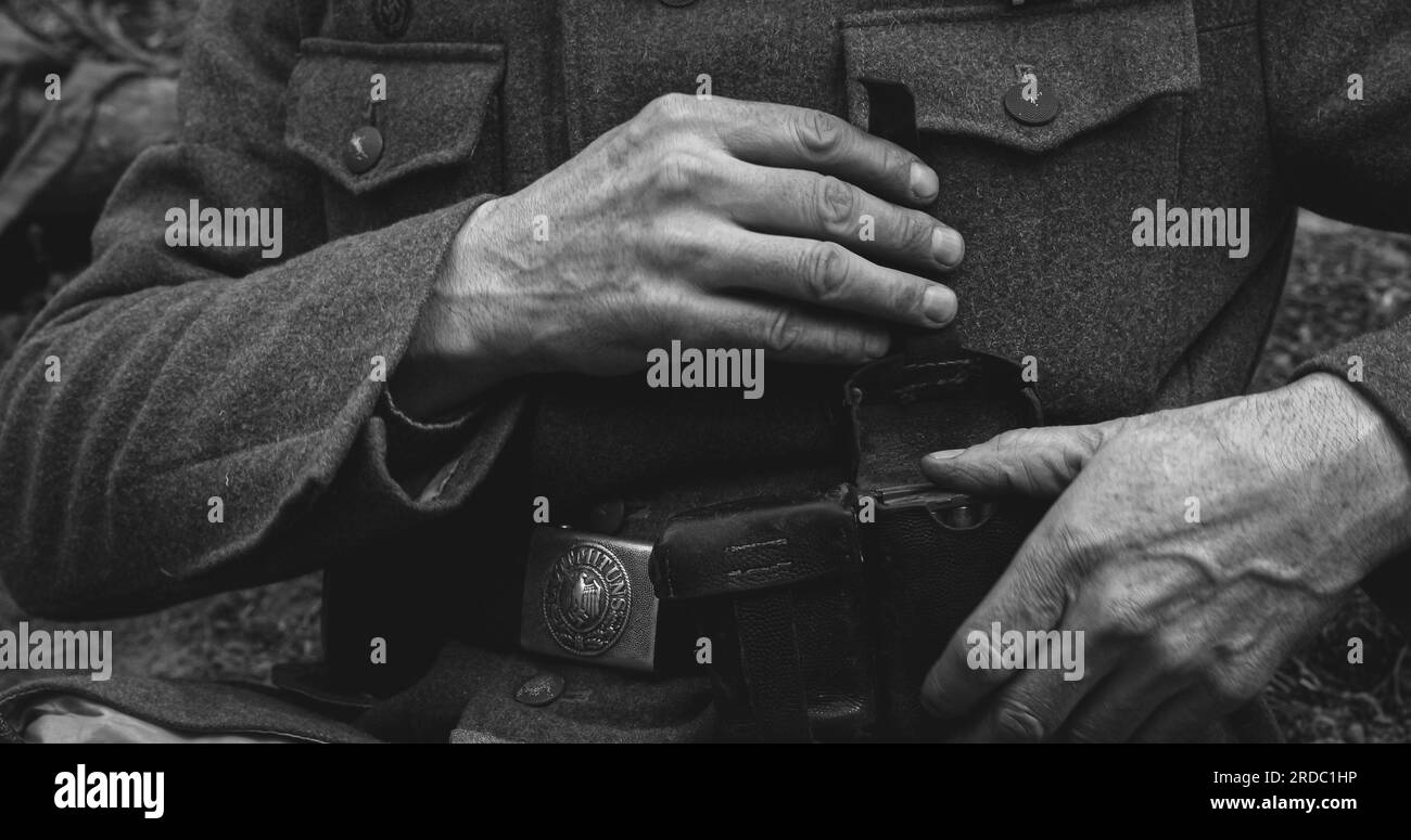 World War II German Soldier Cleaning Rifle. Soldier Preparing We Stock ...