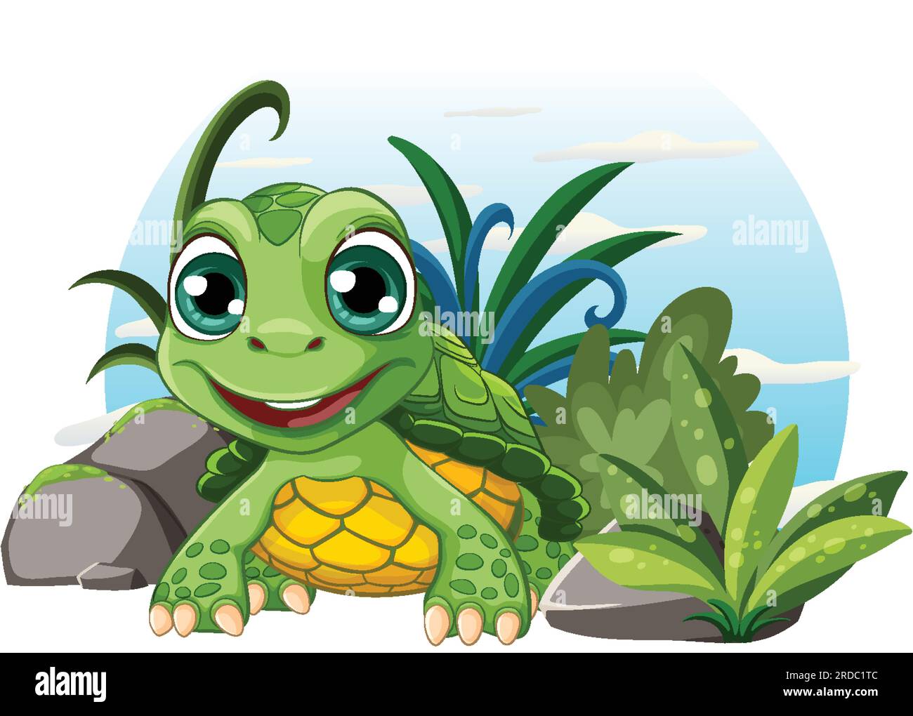 A happy turtle is smiling and standing near plants and rocks in a ...