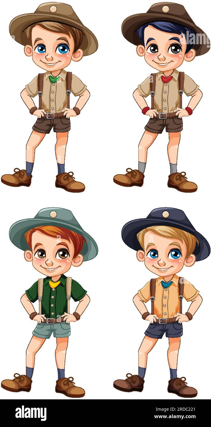 Set of boy scout cartoon character illustration Stock Vector Image ...